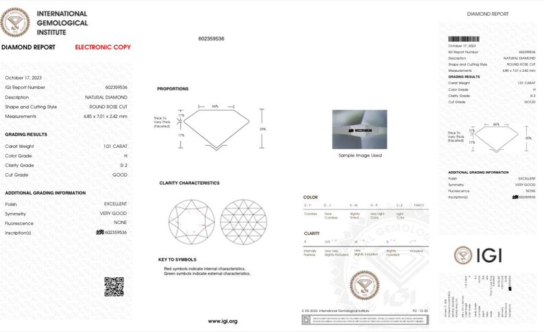 IGI Cert. Natural Diamond - 1.01 Ct. H Color, SI2 Round Rose Cut - Etsy