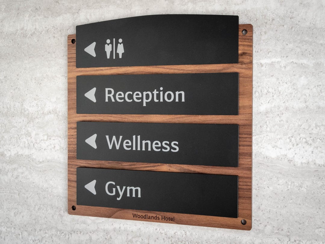 Walnut Wood Direction Sign With Black Acrylic Panels – Custom Interior ...