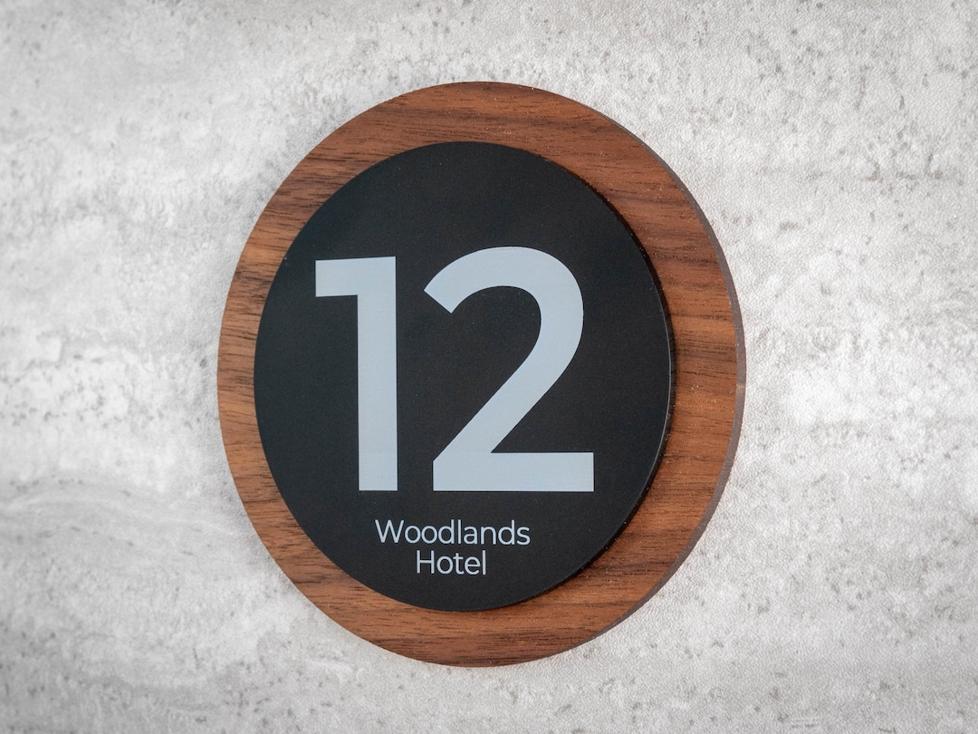 Round Hotel Room Number Sign – Walnut Wood & Matte Black Acrylic ...