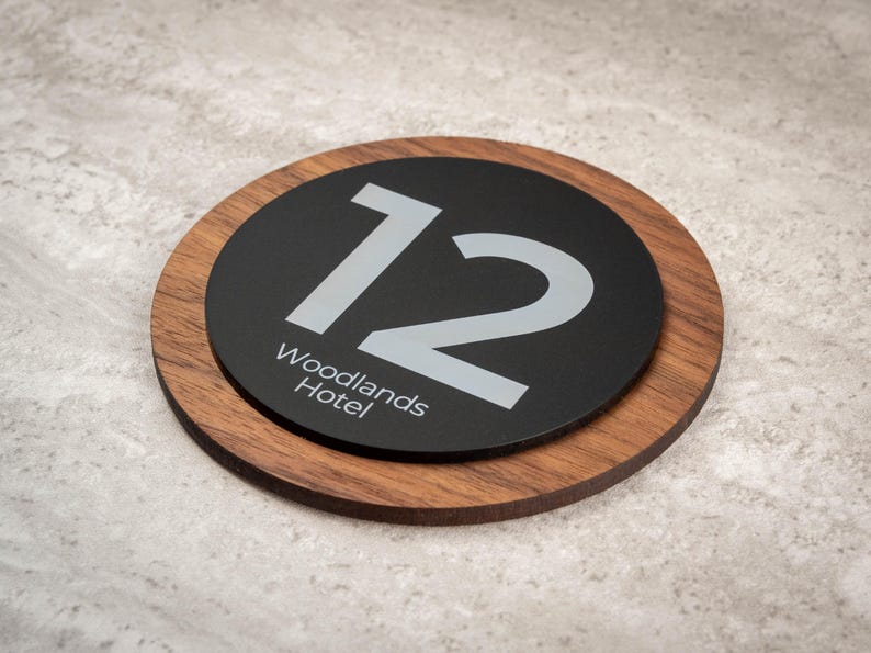 Round Hotel Room Number Sign – Walnut Wood & Matte Black Acrylic ...