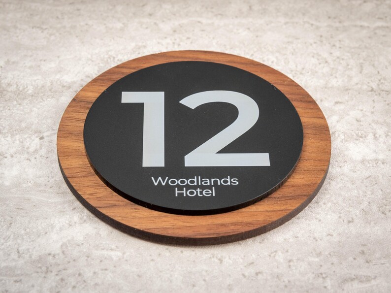 Round Hotel Room Number Sign – Walnut Wood & Matte Black Acrylic ...