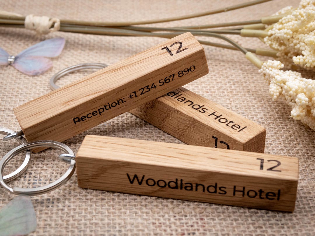 Custom Motel Key Fob Made of Oak - Personalized Hotel Room Keychain ...