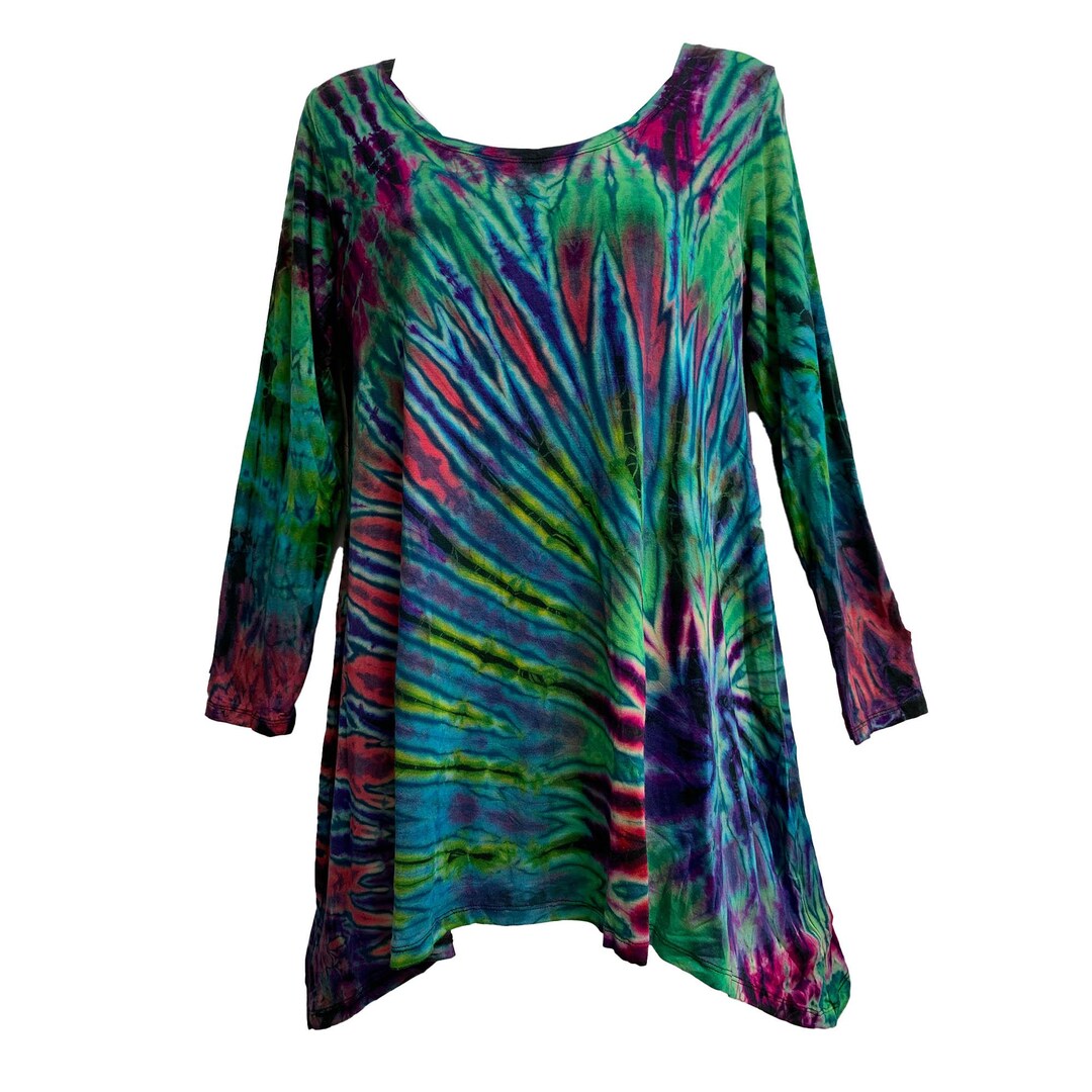 Boho Handmade Tie-dye Hippie Spandex Long Sleeve Shark Bite Hem Aqua ...