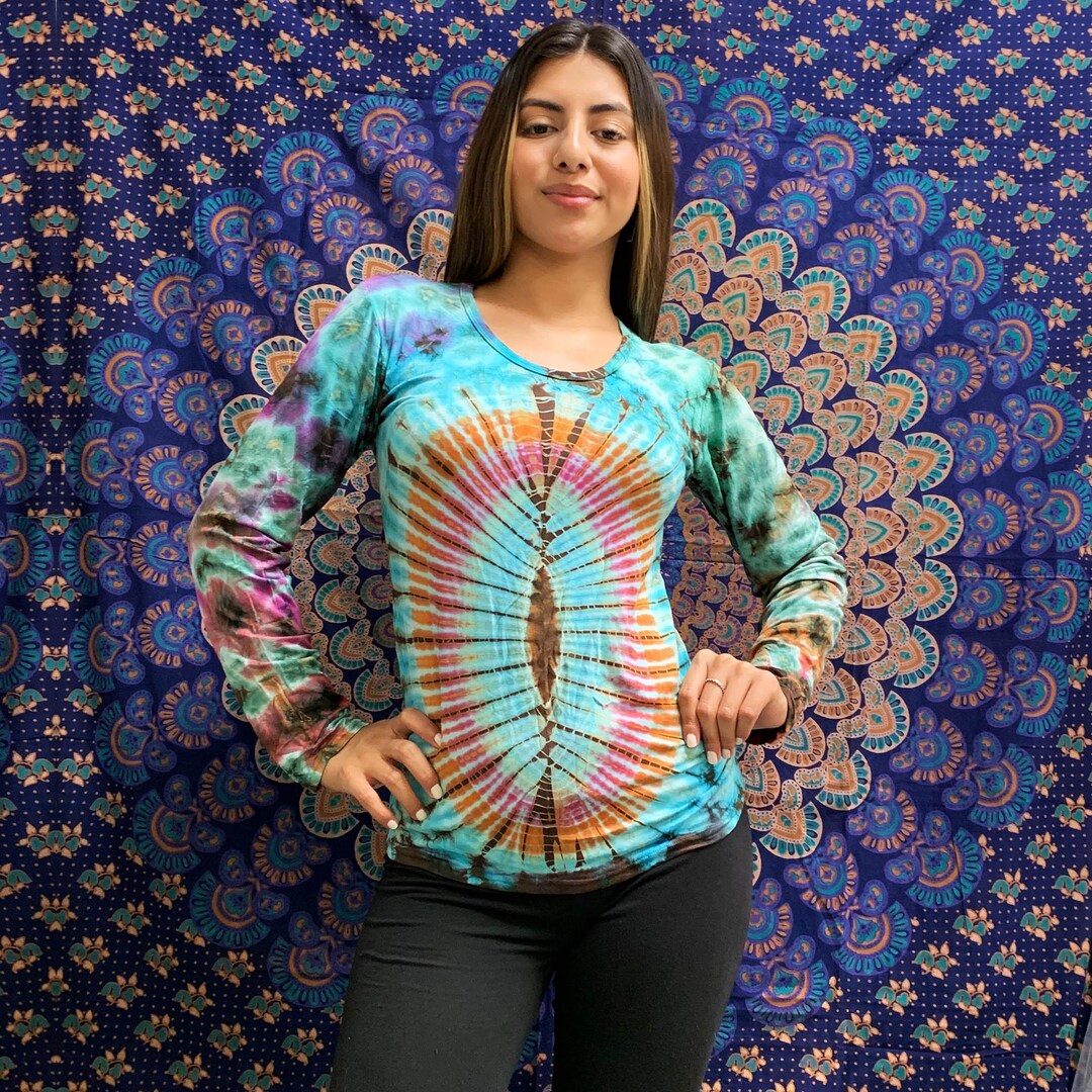 Women's Stretchy Spandex Hand Tie-dye Long-sleeve Yoga Boho Blouse Top ...