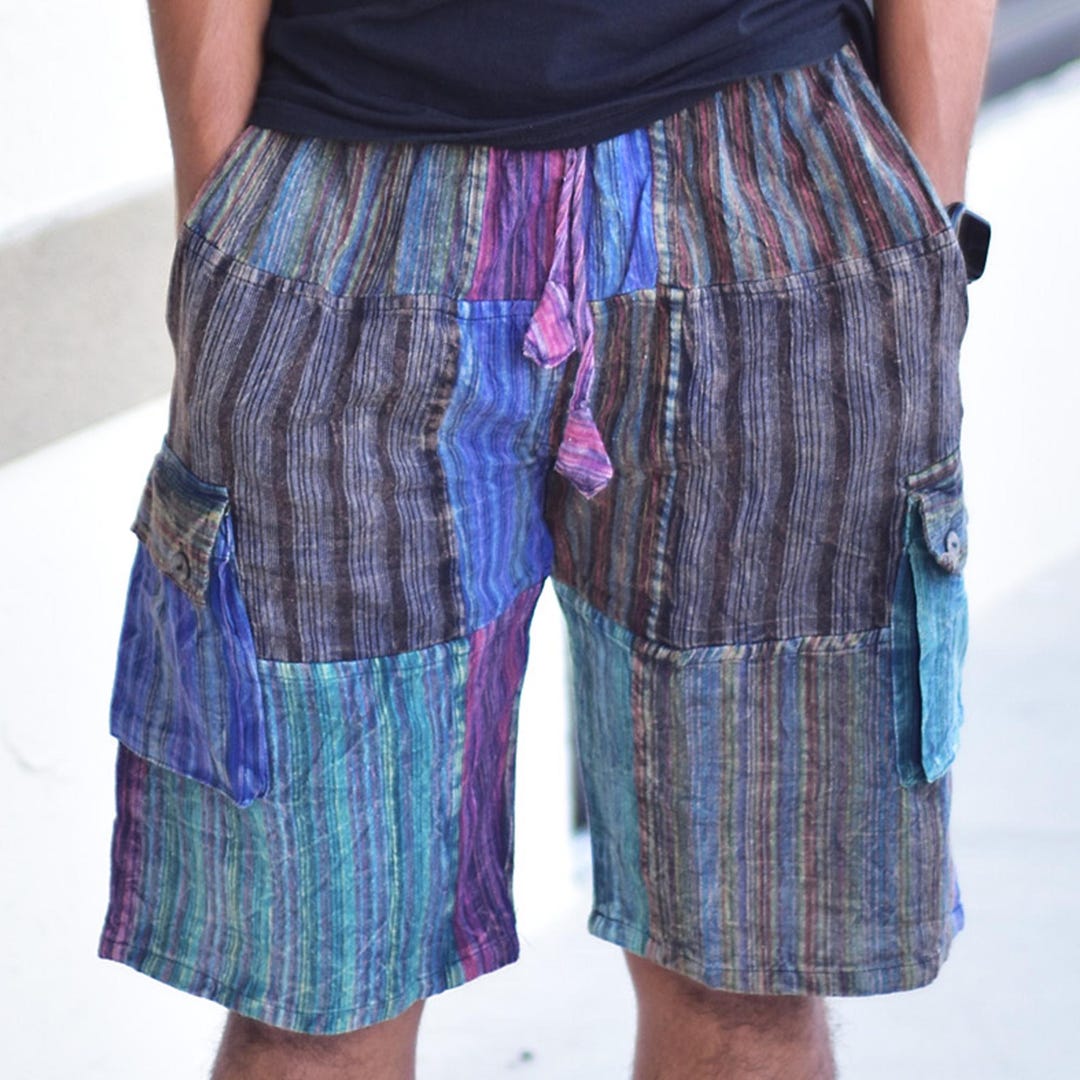 Men's Stonewashed Cotton Bohemian Patchwork Unisex Cargo Shorts Blue ...