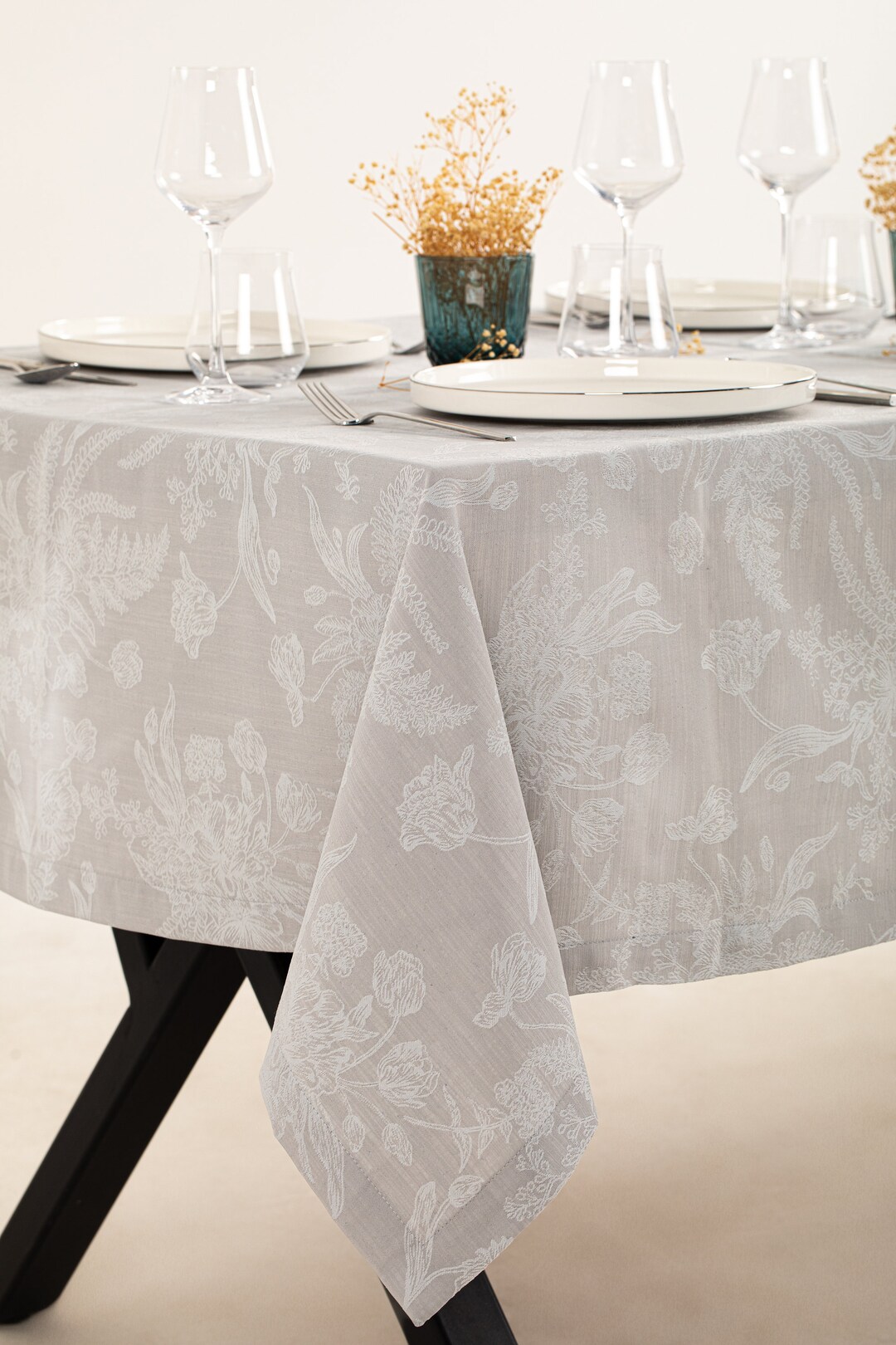 Flower Pattern Textured Tablecloth, Rectangle Tablecloth, Rectangular ...