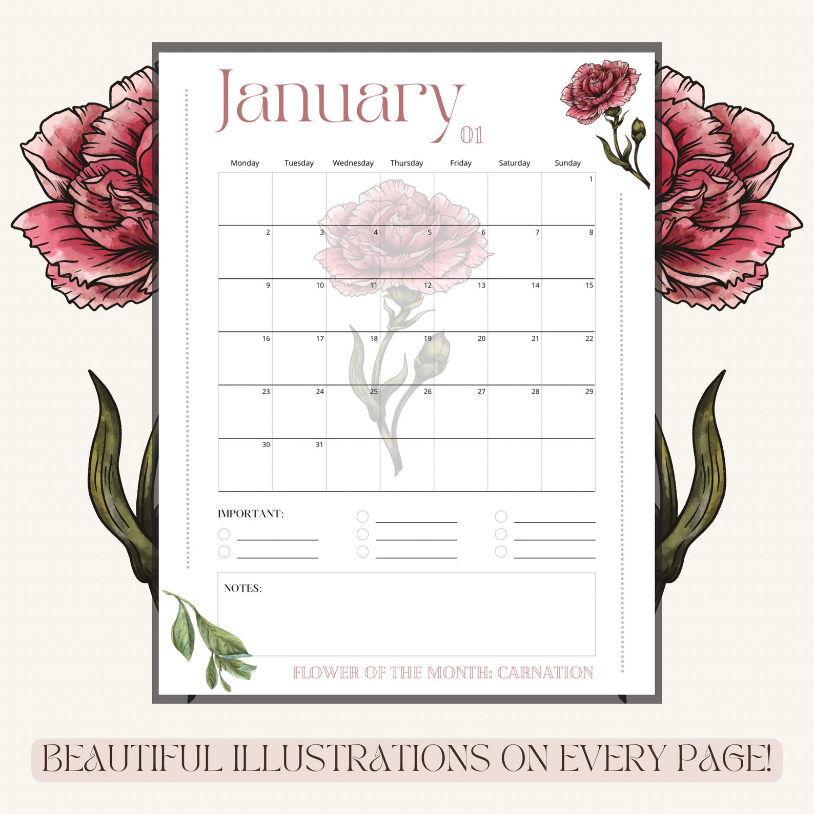 Printable Digital Monthly Calendar Planner 2023 Flowers of the Month ...