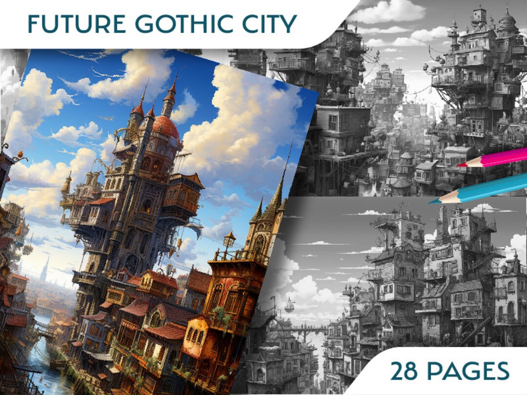 Future Gothic City Coloring Book, Adults Kids Instant Download ...