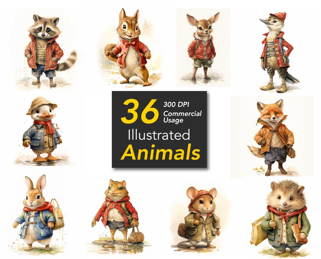 Animals With Clothing Bundle, Watercolor, PNG, Digital Download ...