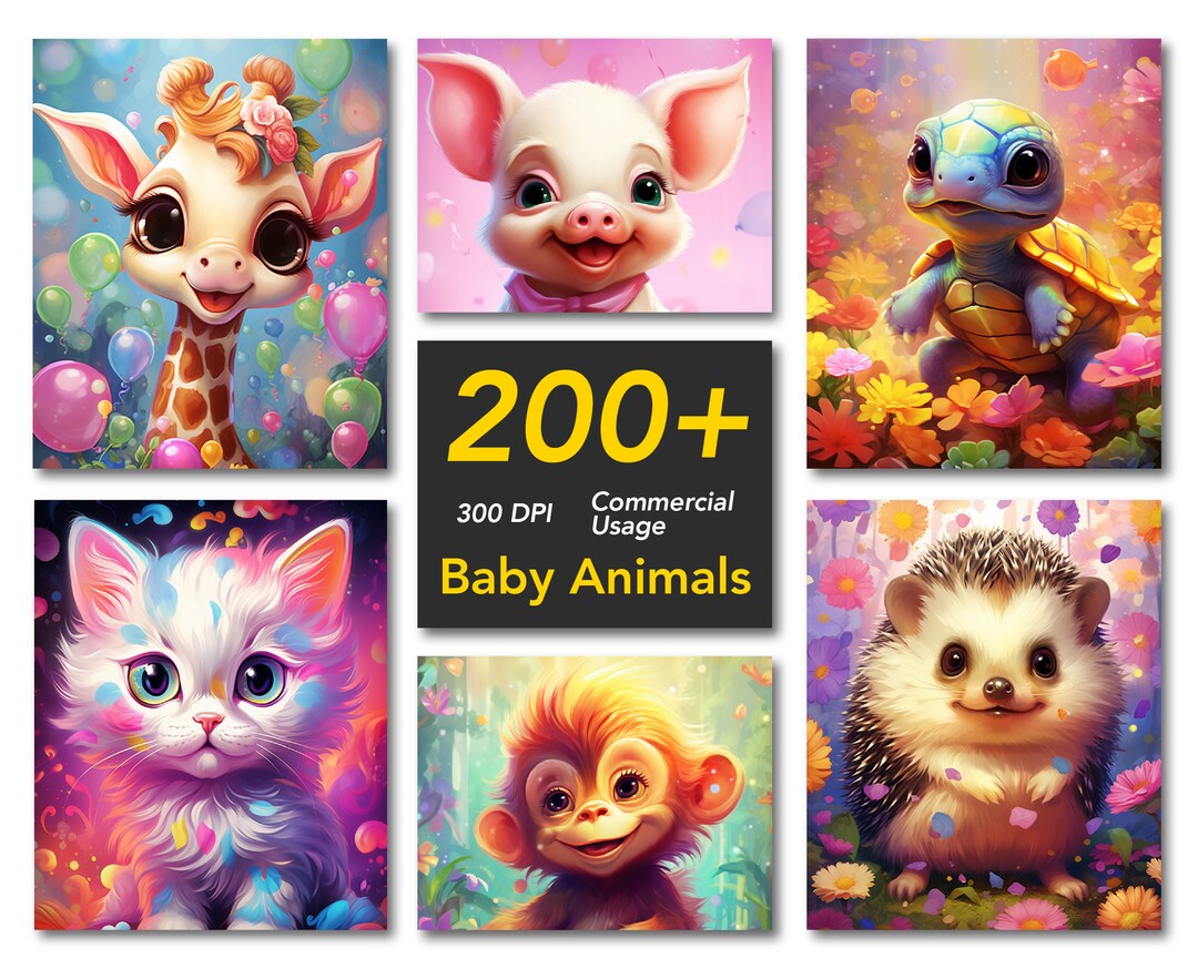Baby Animals Kawaii Floral Mega Bundle, Printable PNG Instant Download ...