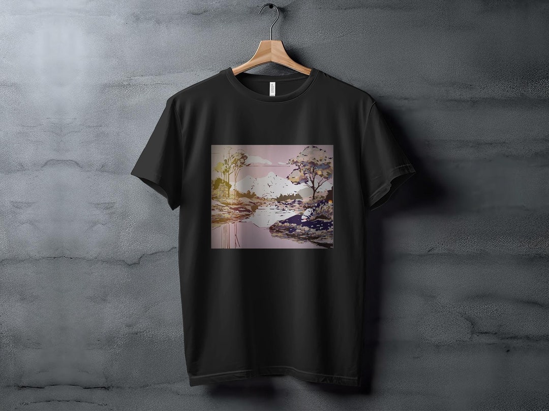 Abstract Landscape Art T-shirt, Colorful Mountain and River Graphic Tee ...