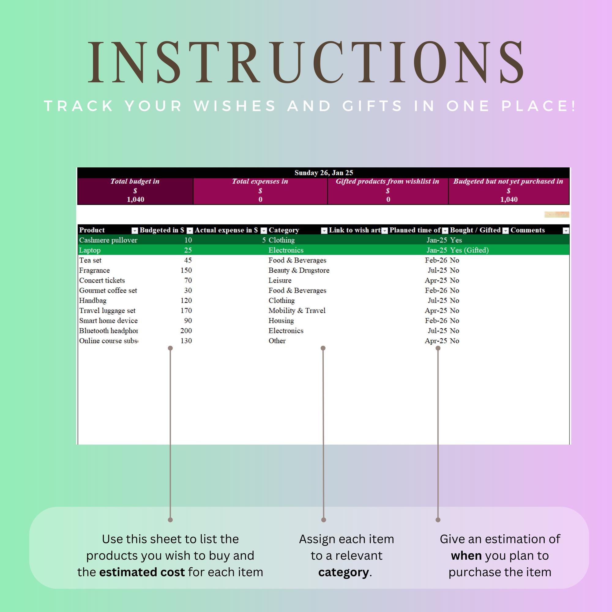 Excel Wishlist | Instant Download | Budget Tracker | Budget Wishlist ...