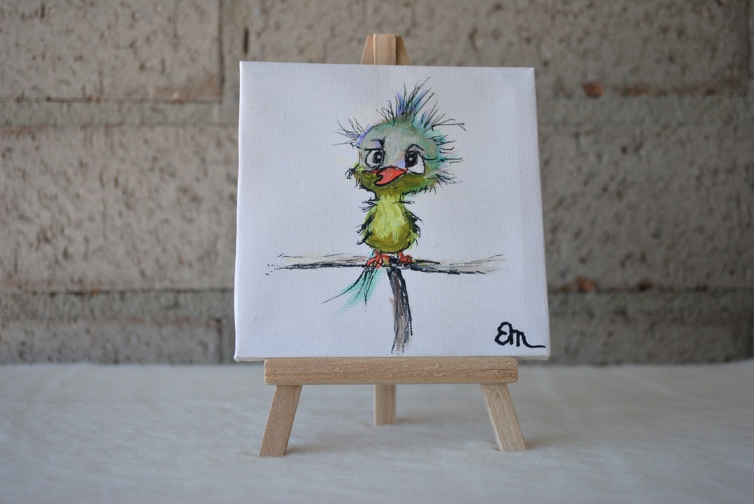 Miniature Painting 10x10 Cm, Bird, Doofus, Baby, Acrylic on Canvas With ...