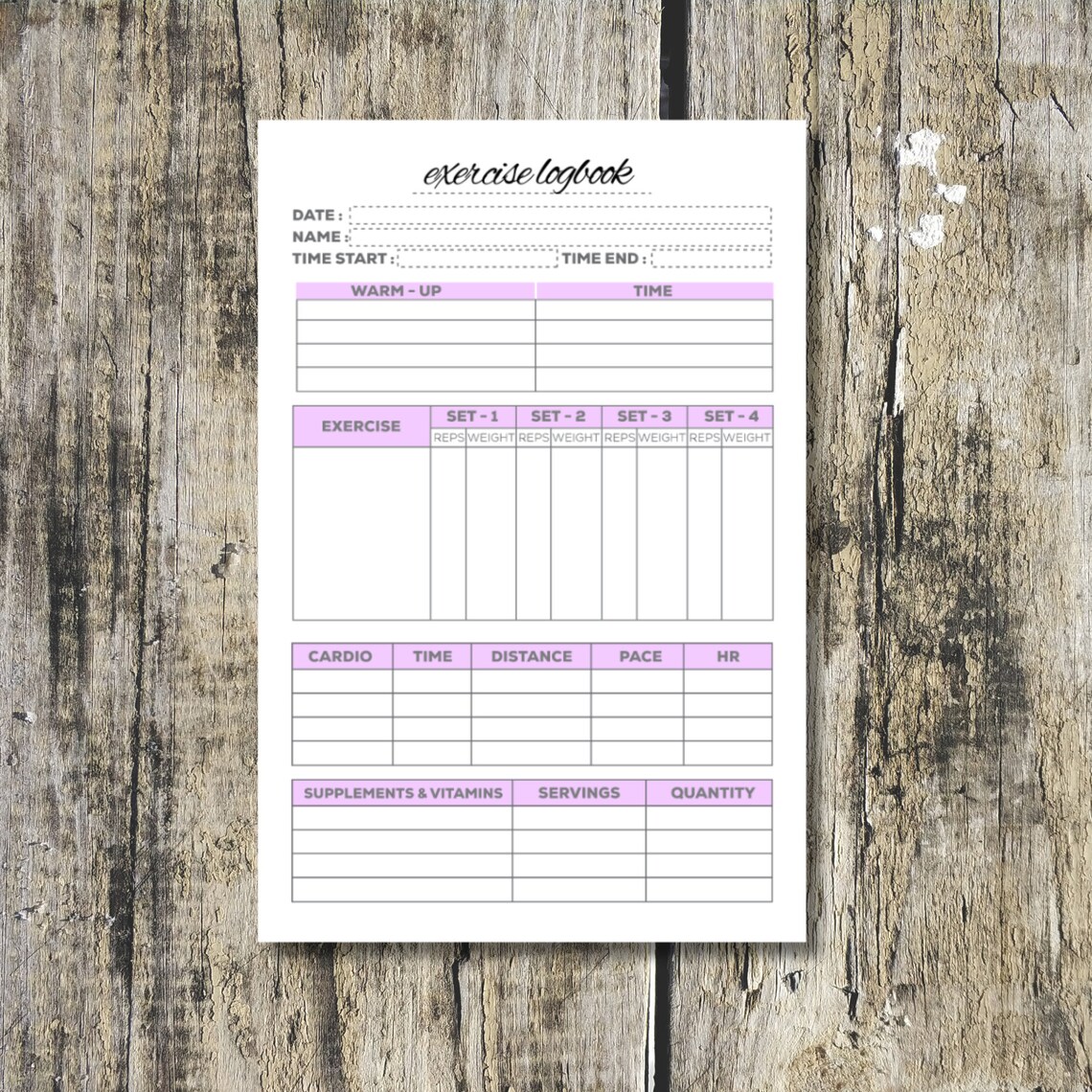 Exercise Journal Printable Workout Tracker Daily Exercise Log Training ...