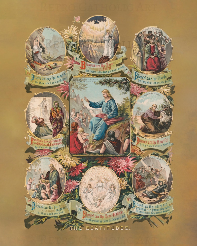 Vintage Sermon on the Mount Beatitudes Poster | Vintage Catholic Art ...