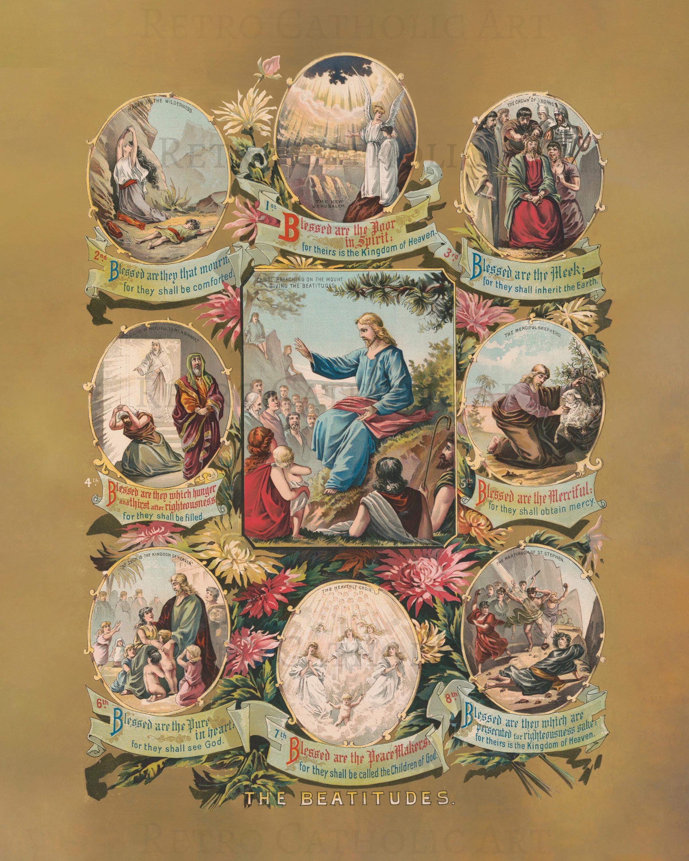 Vintage Sermon on the Mount Beatitudes Poster | Vintage Catholic Art ...