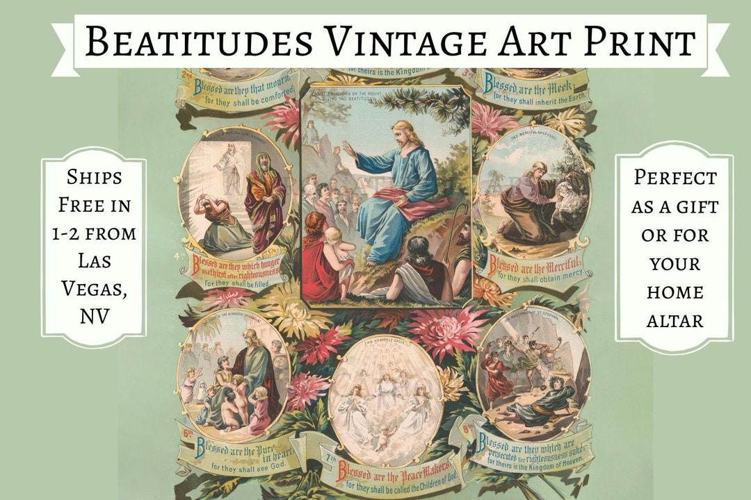 Vintage Sermon on the Mount Beatitudes Poster | Catholic Art Print ...