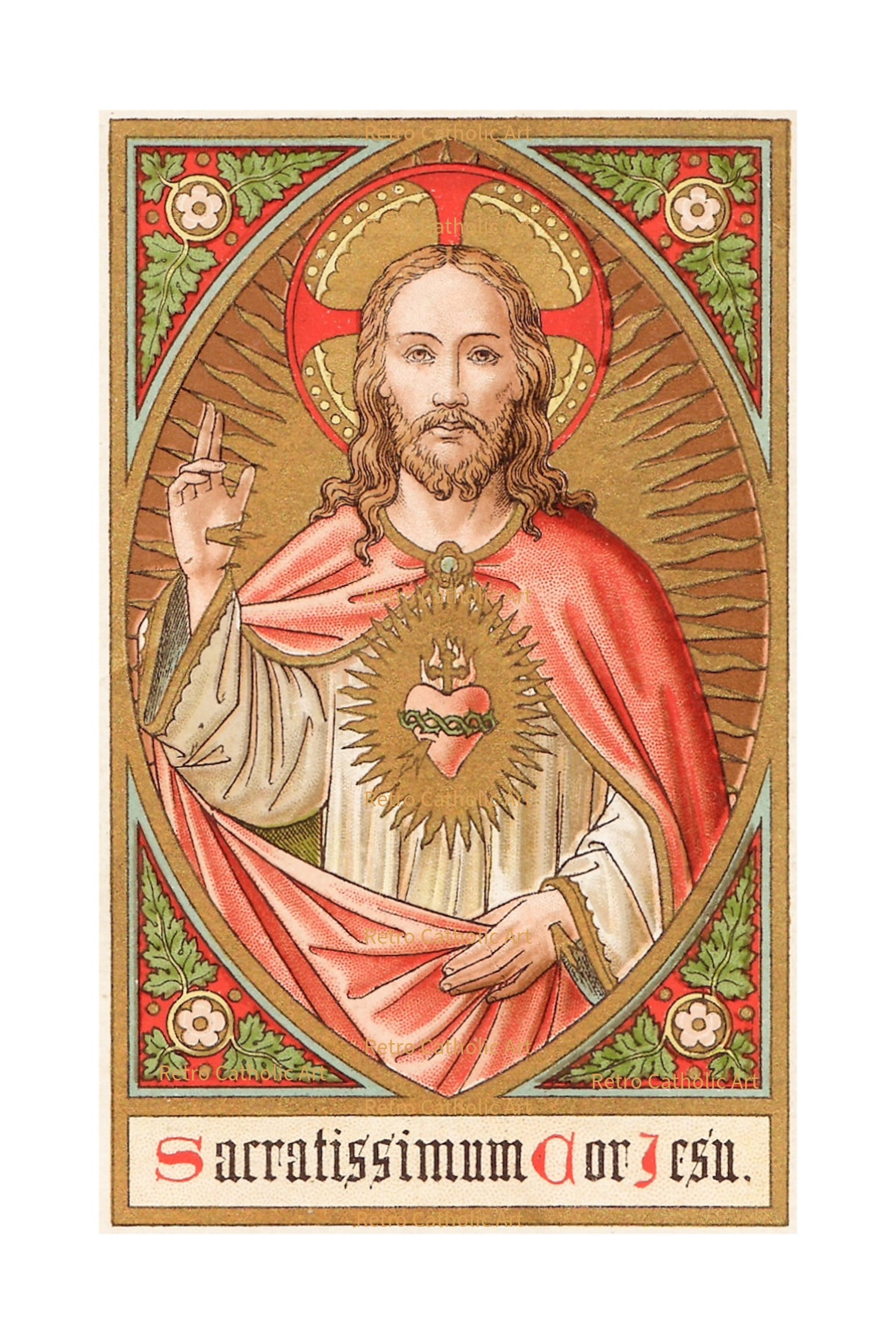 Vintage Sacred Heart of Jesus Print Catholic Art Print Retro Vintage ...