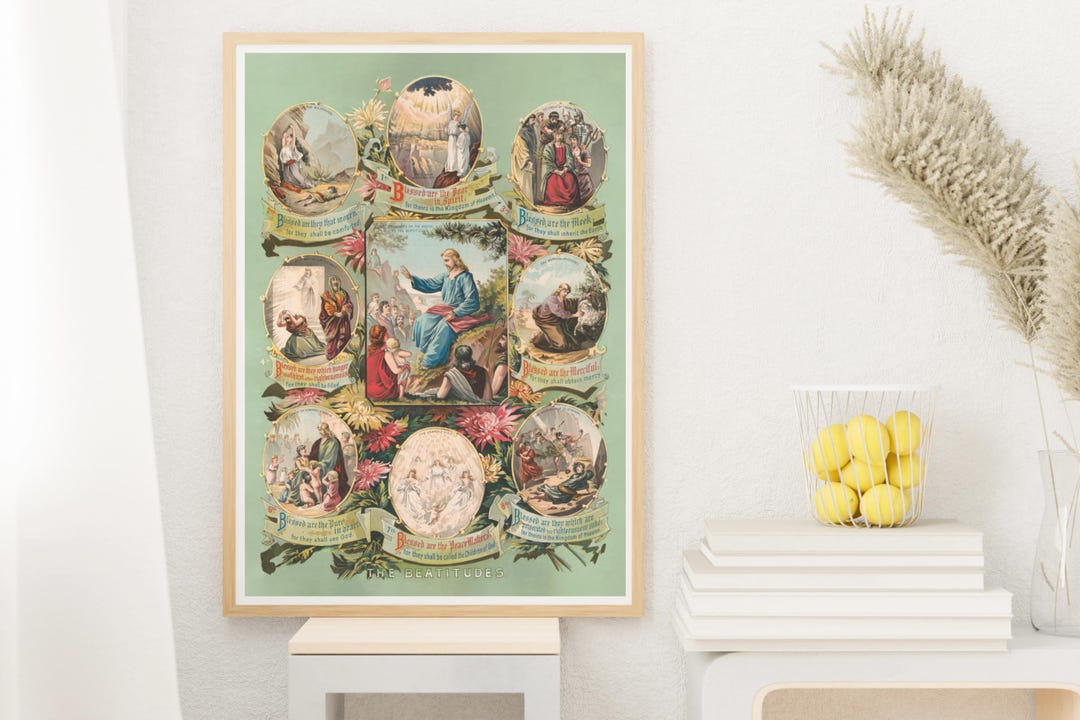 Vintage Sermon on the Mount Beatitudes Poster | Vintage Catholic Art ...