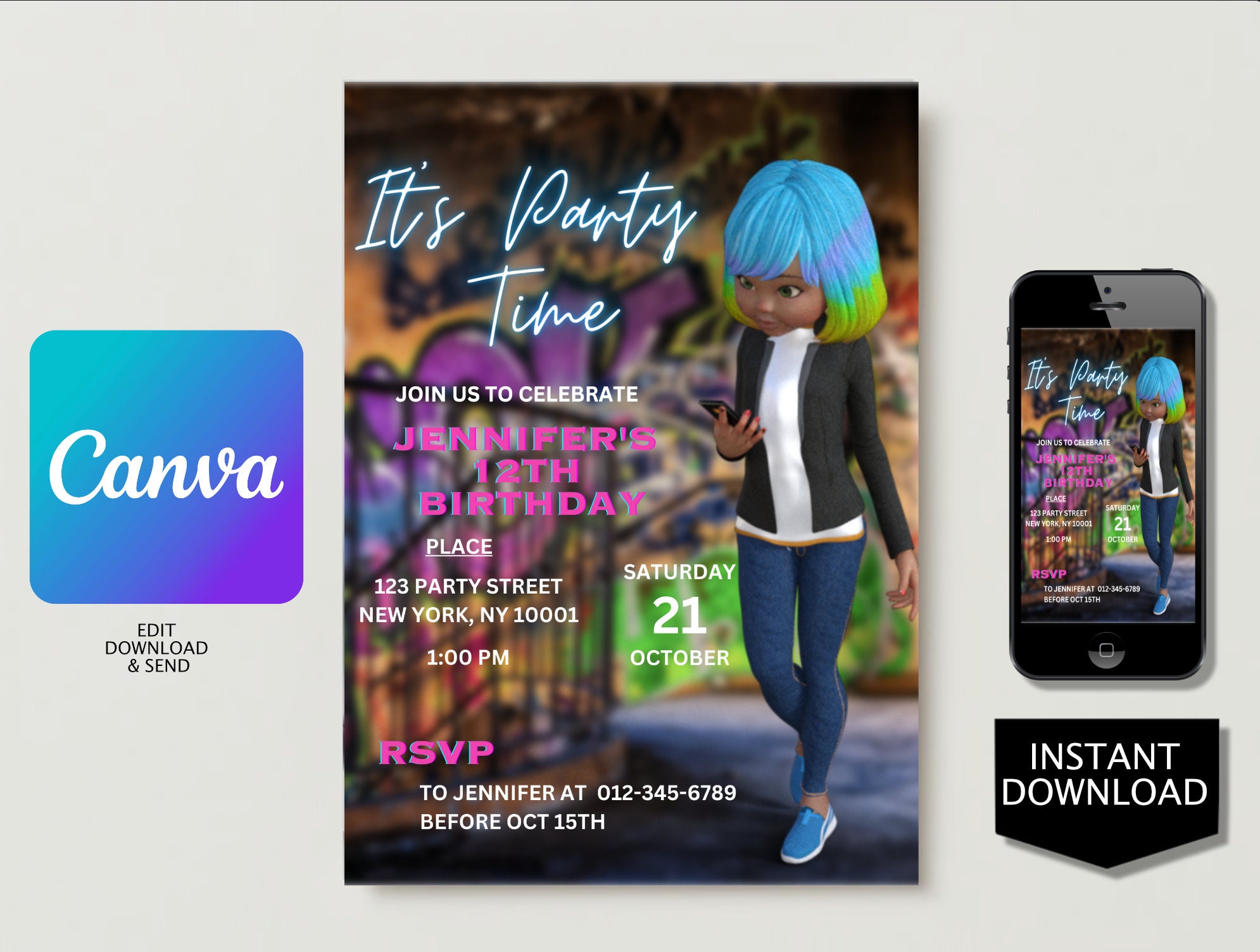 Toon Avatar Birthday Party Invitation - Digital 3d Toon Girl Teen 01a ...