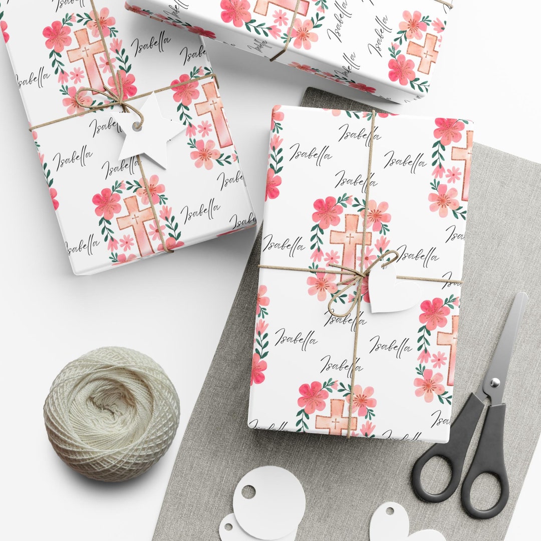 First Communion Wrapping Paper, Floral Christian Gift Wrap, Cross ...