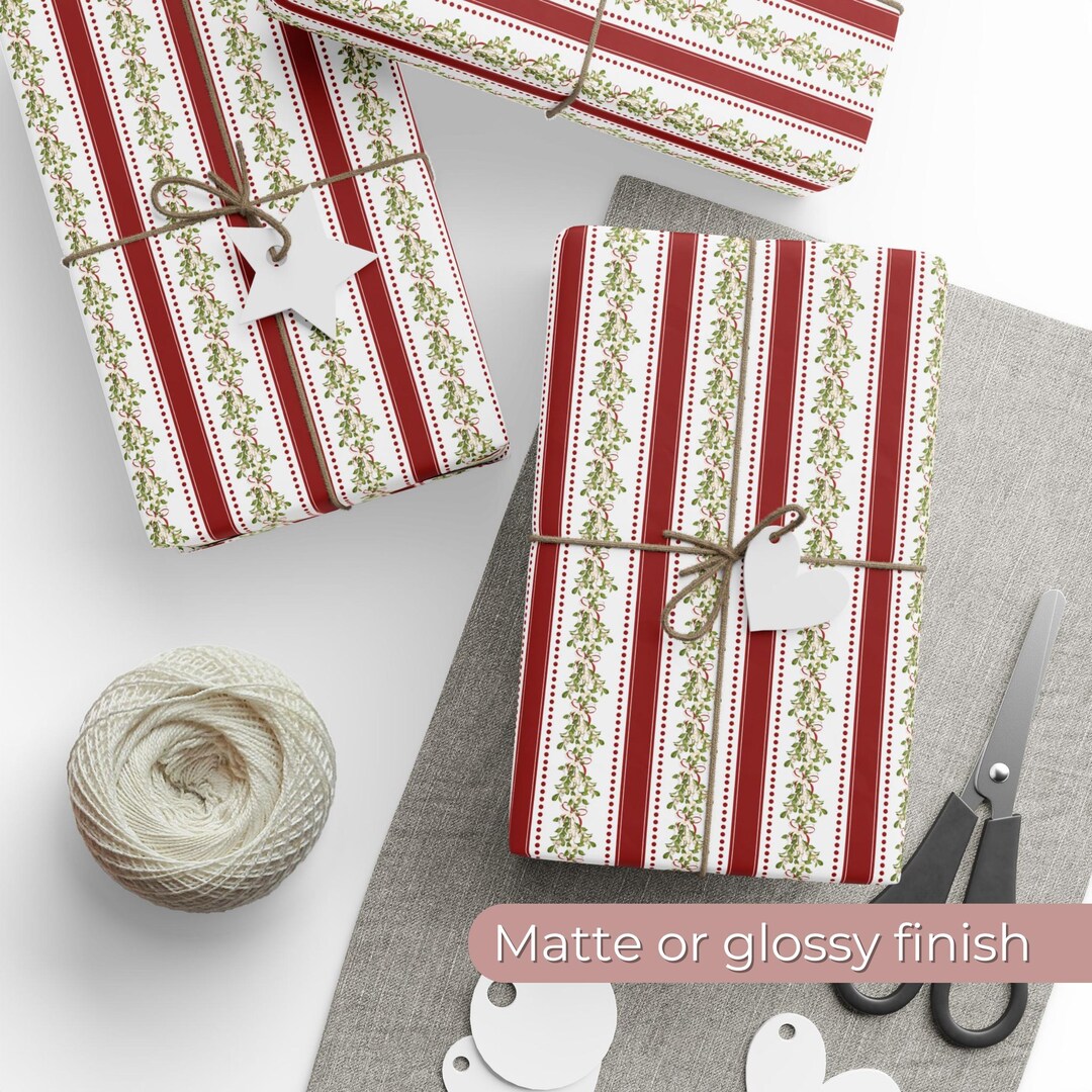 Vintage Mistletoe Wrapping Paper, Red Stripe Christmas Gift Wrap Roll ...