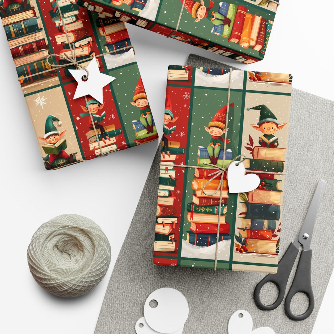 Christmas Wrapping Paper, Elves and Books Design, Festive Gift Wrap ...