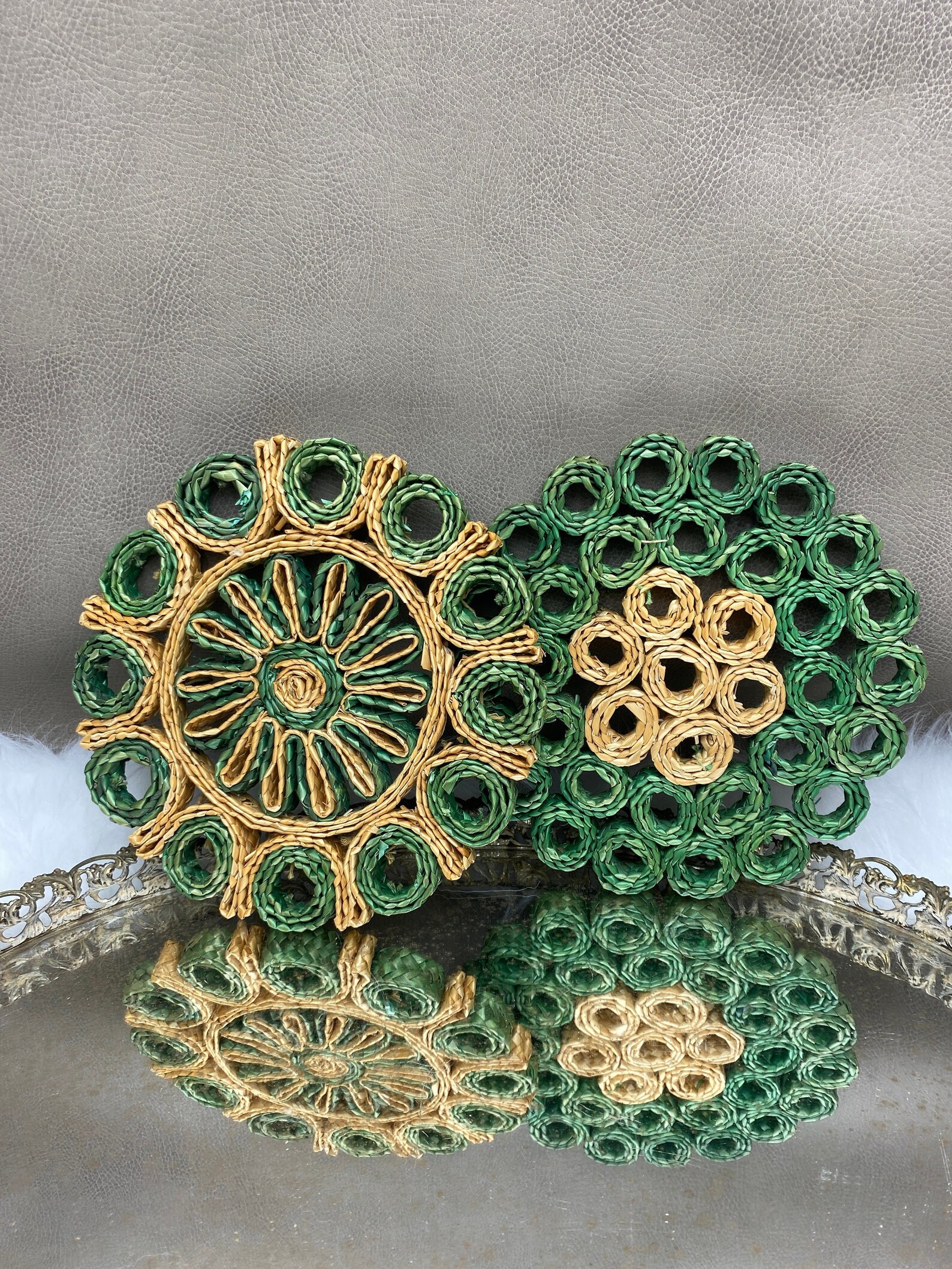 Vintage Pair of Green and Natural Raffia Trivets - Etsy