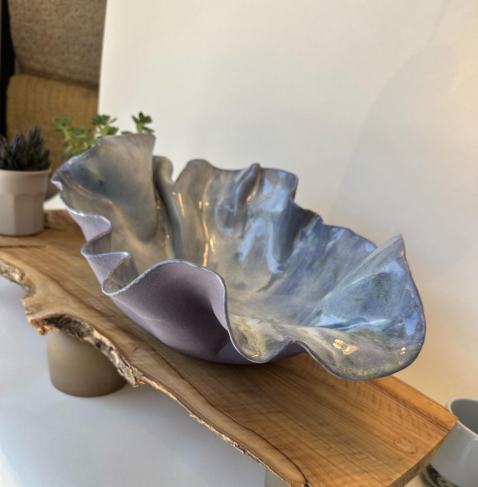 Decorative Handmade Porcelain Ruffle Bowl With Purple Accents. Home ...