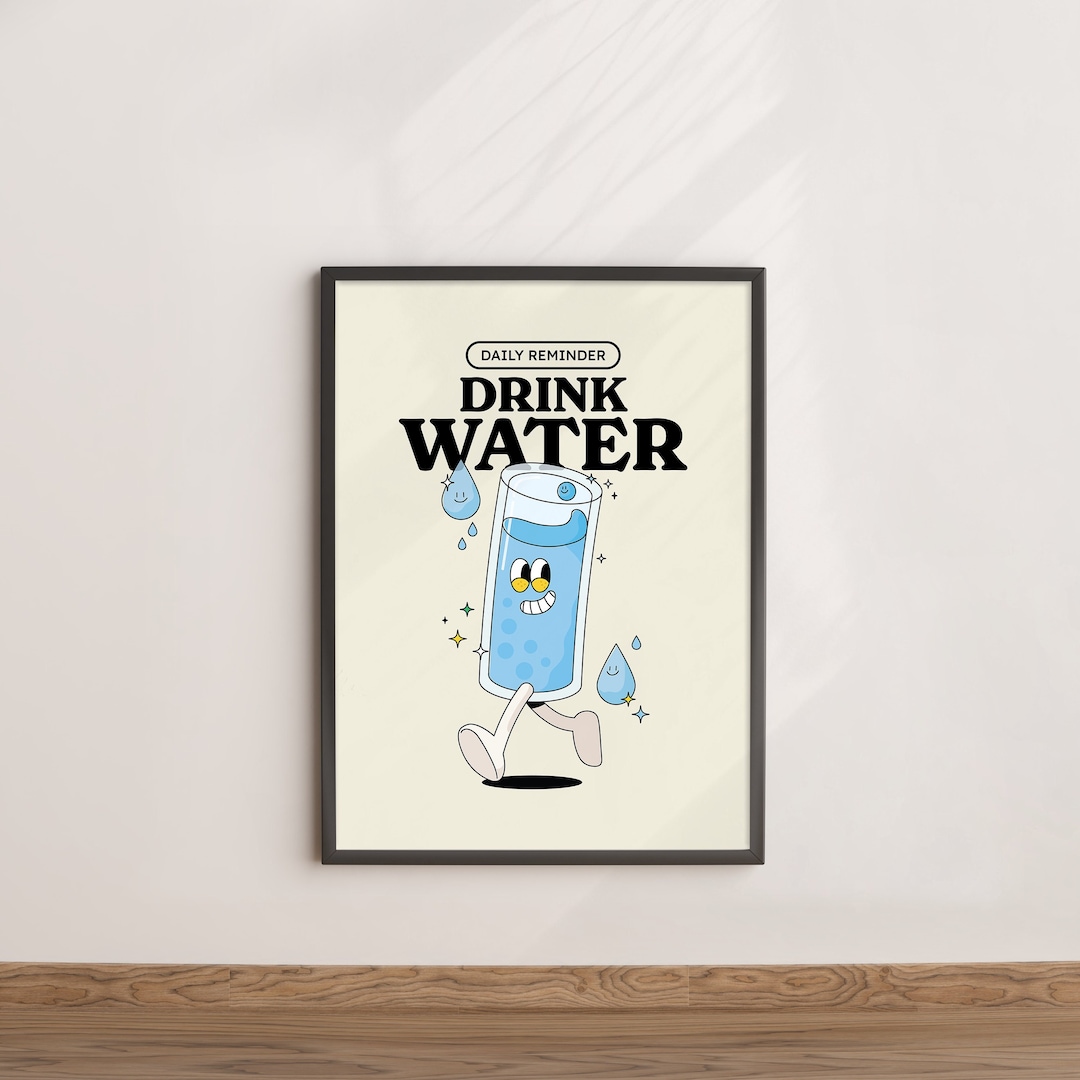 Drink Water Poster, Retro Style Print, Trendy Kitchen Wall Art, Healthy ...