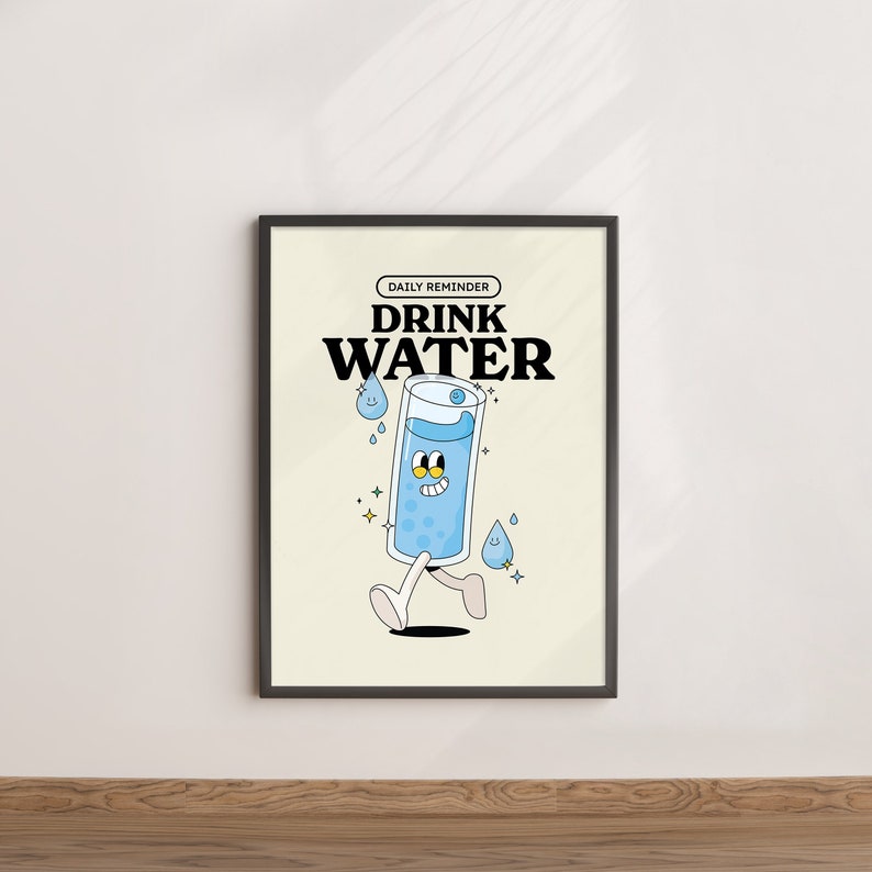 Drink Water Poster, Retro Style Print, Trendy Kitchen Wall Art, Healthy ...