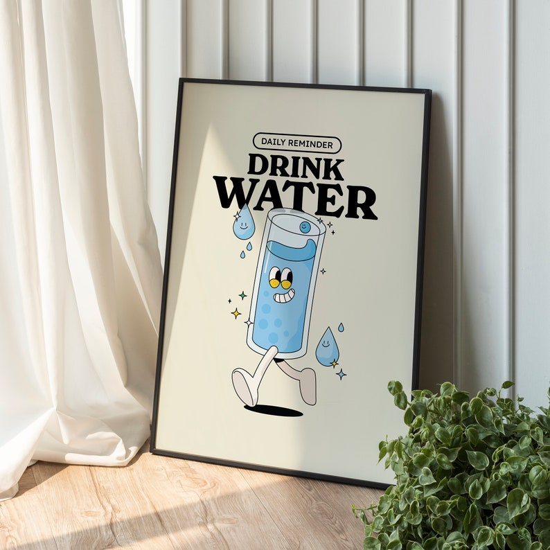 Drink Water Poster, Retro Style Print, Trendy Kitchen Wall Art, Healthy ...