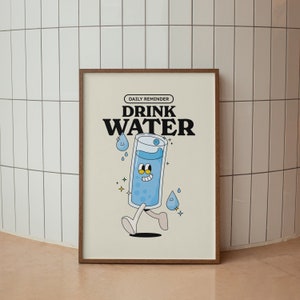 Drink Water Poster, Retro Style Print, Trendy Kitchen Wall Art, Healthy ...