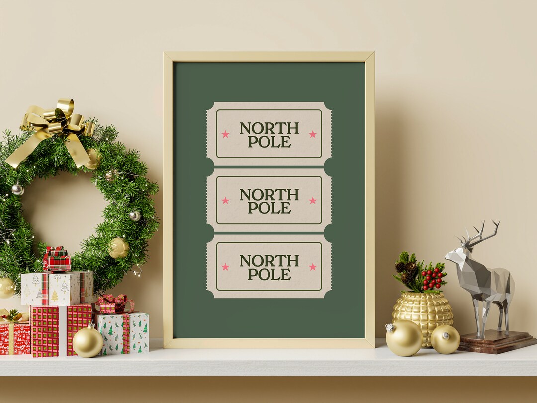 Green Retro North Pole Ticket Print, Pink Green Christmas Poster ...