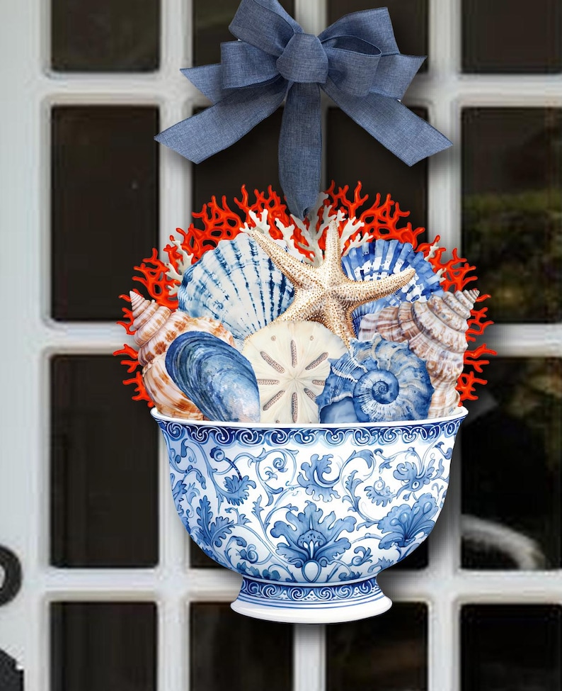 Coastal Shell Door Sign – Blue Chinoiserie Urn With Seashells, Starfish ...