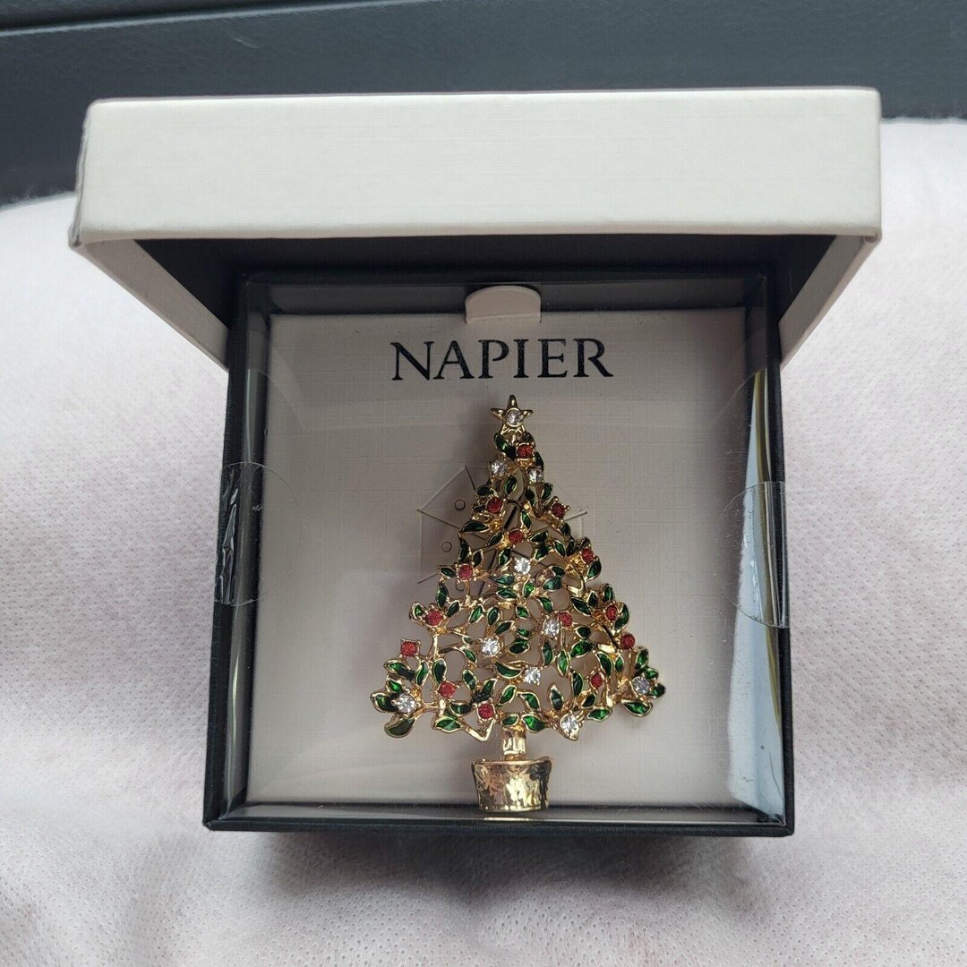 Napier Gold Tone Red & Green Christmas Tree Holiday Brooch NEW Original ...