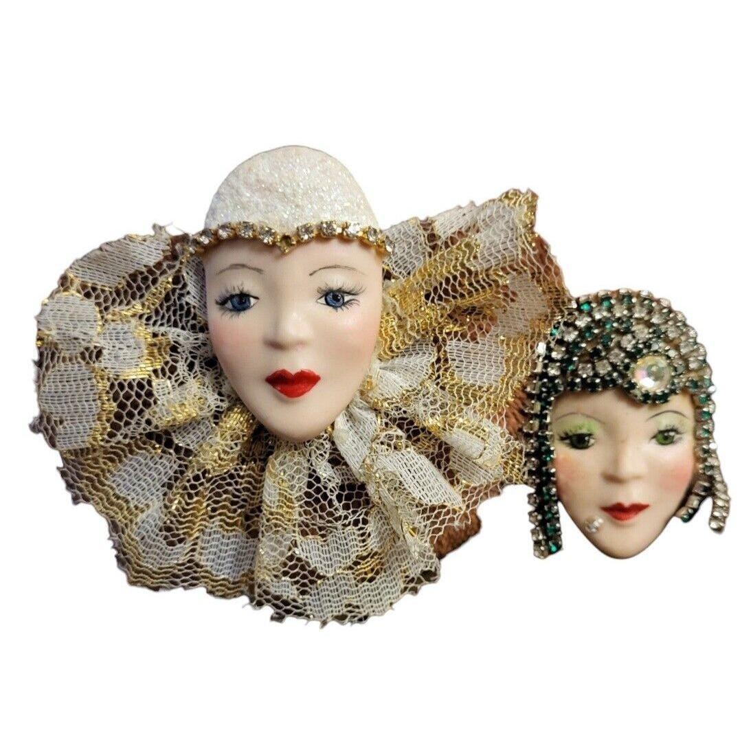 Set of 2 Vintage Porcelain Flapper Girl Decoration and Pin Art Deco ...