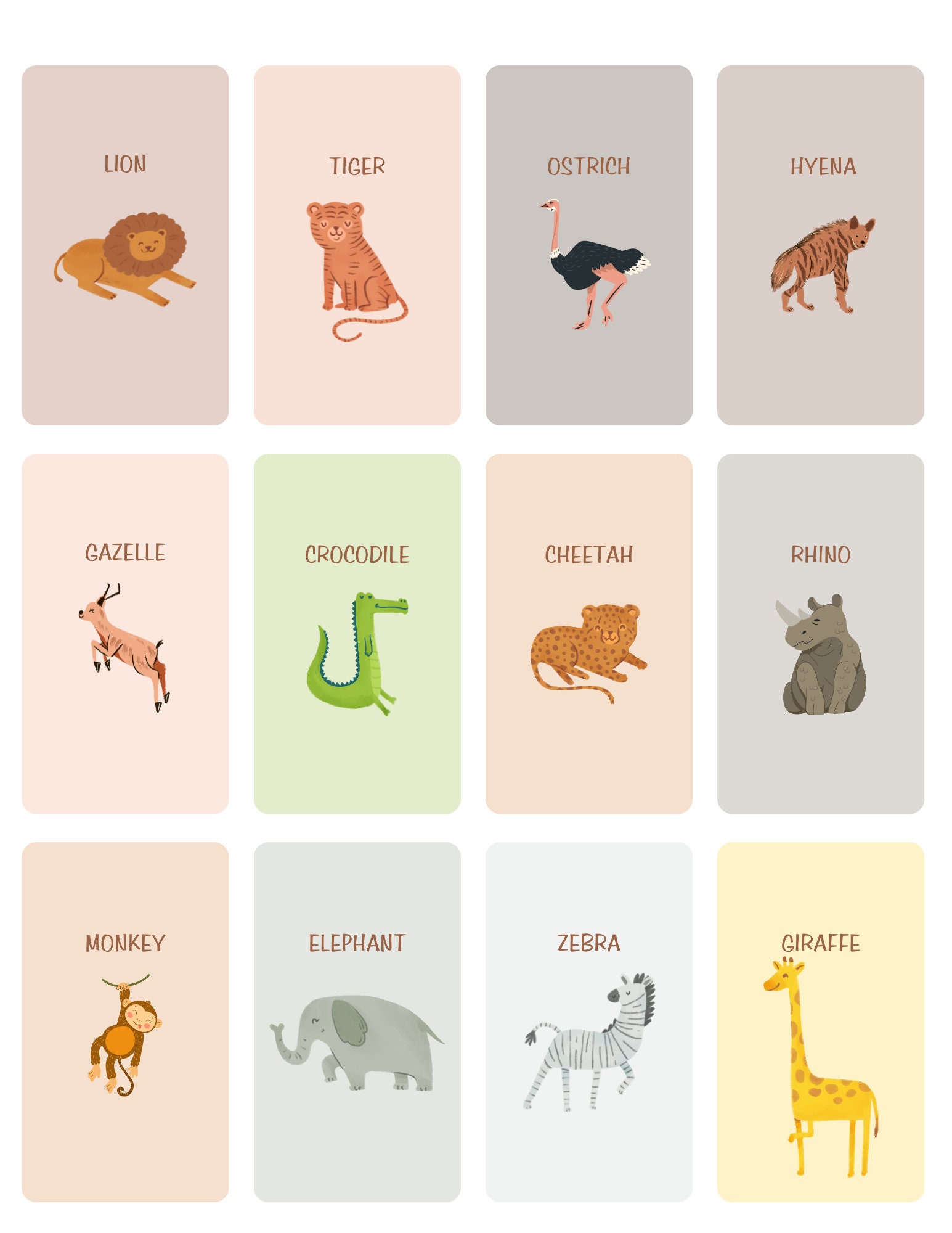 15 Safari Animals Flashcards, Animal Flash Cards, Montessori, Learning ...
