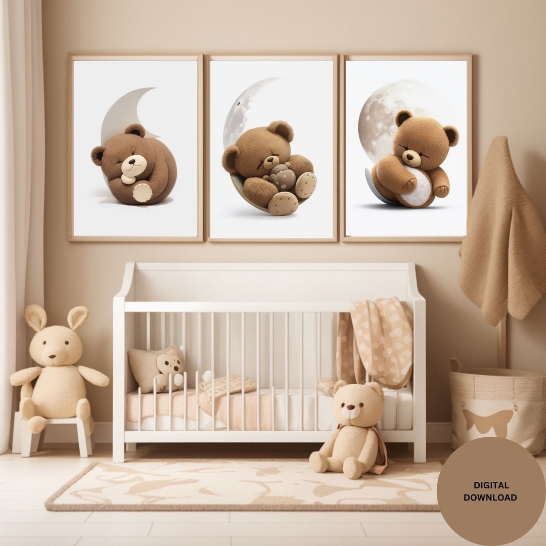 Set of 3 Teddy Bear Moon Wall Art / Kids Teddy Bear Wall Art / Teddy ...