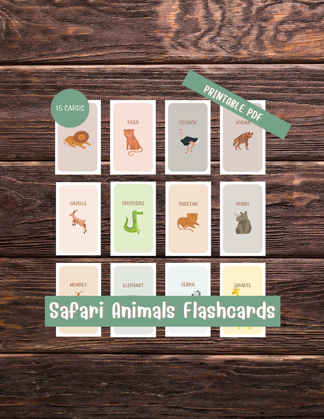 15 Safari Animals Flashcards, Animal Flash Cards, Montessori, Learning ...