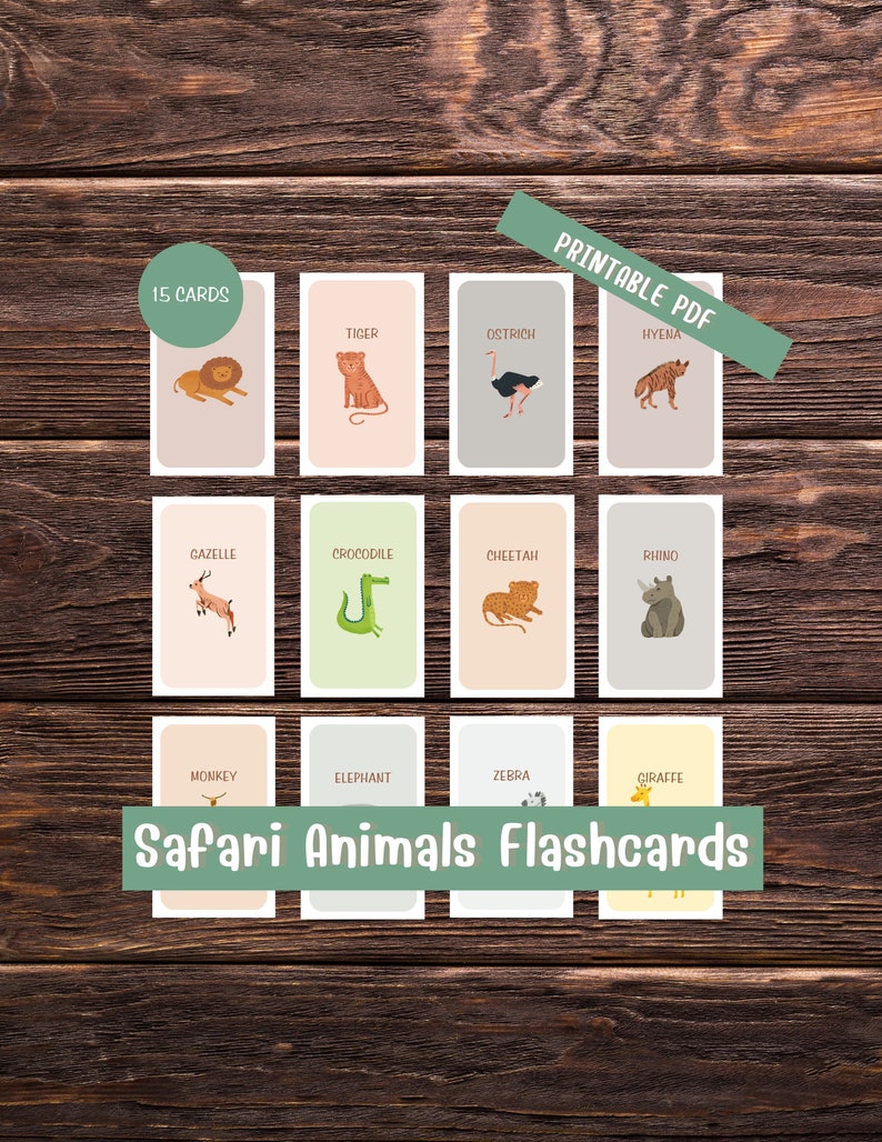 15 Safari Animals Flashcards, Animal Flash Cards, Montessori, Learning ...