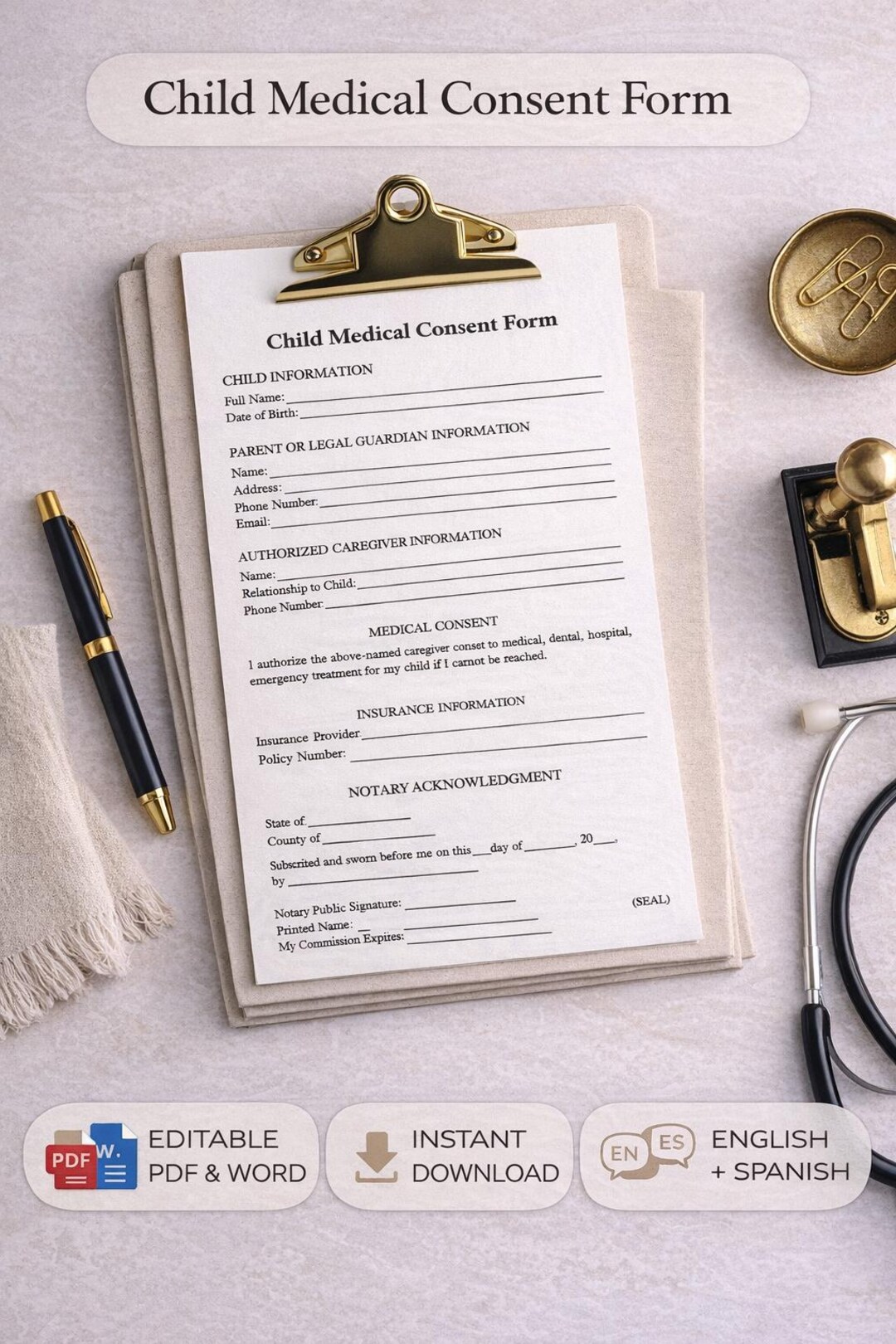 Child Medical Consent Form, Medical Authorization for Minor, English ...