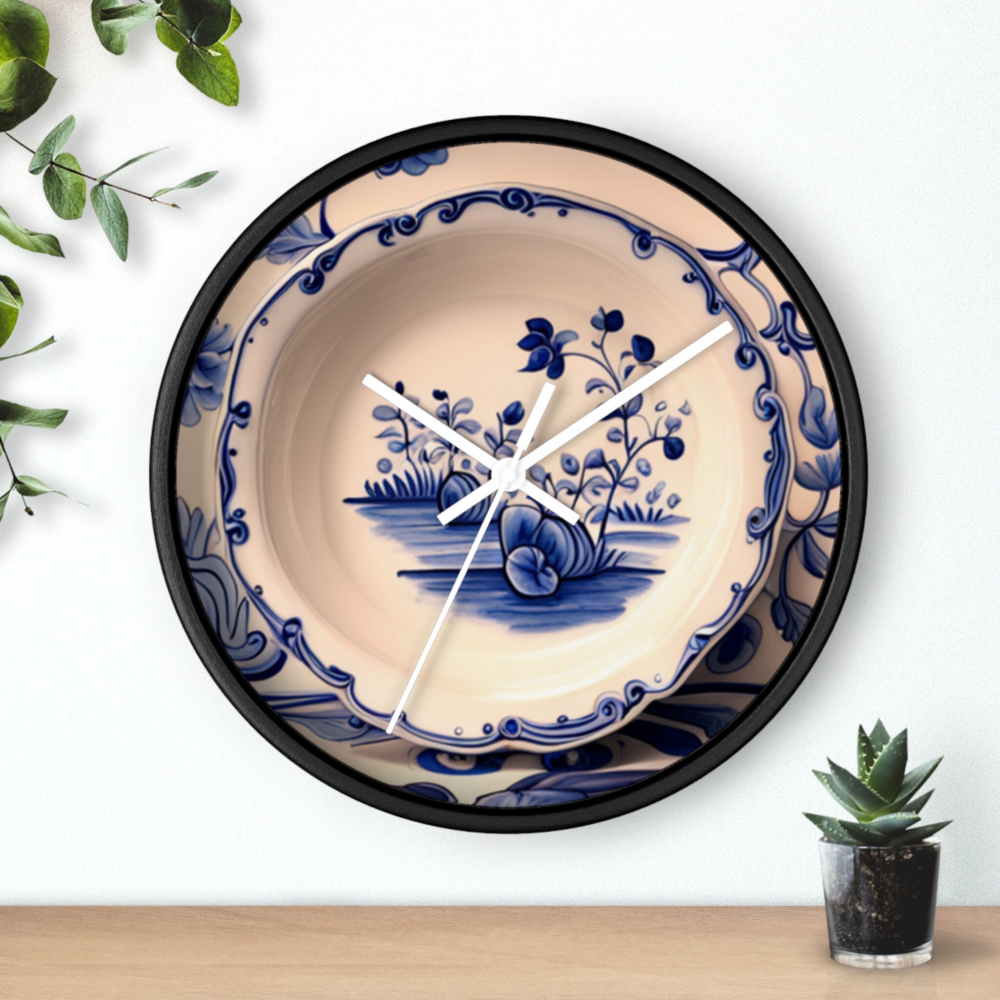 Classic Dutch Blue Delft Dish Scene Black White Wood-border Round Wall ...