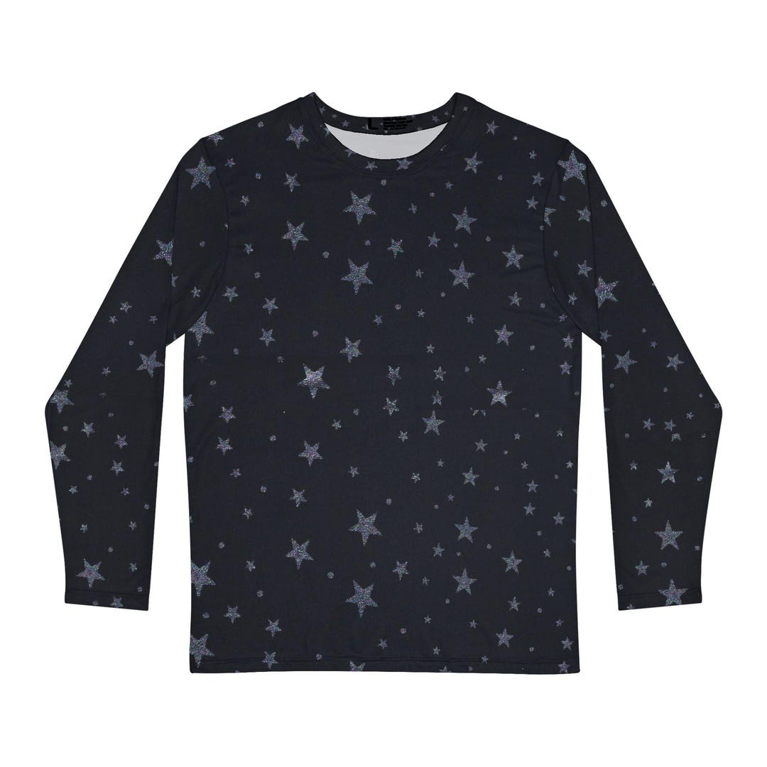 Long Sleeve Allover Silver Star-print Men's Unisex Black Tee T-shirt ...