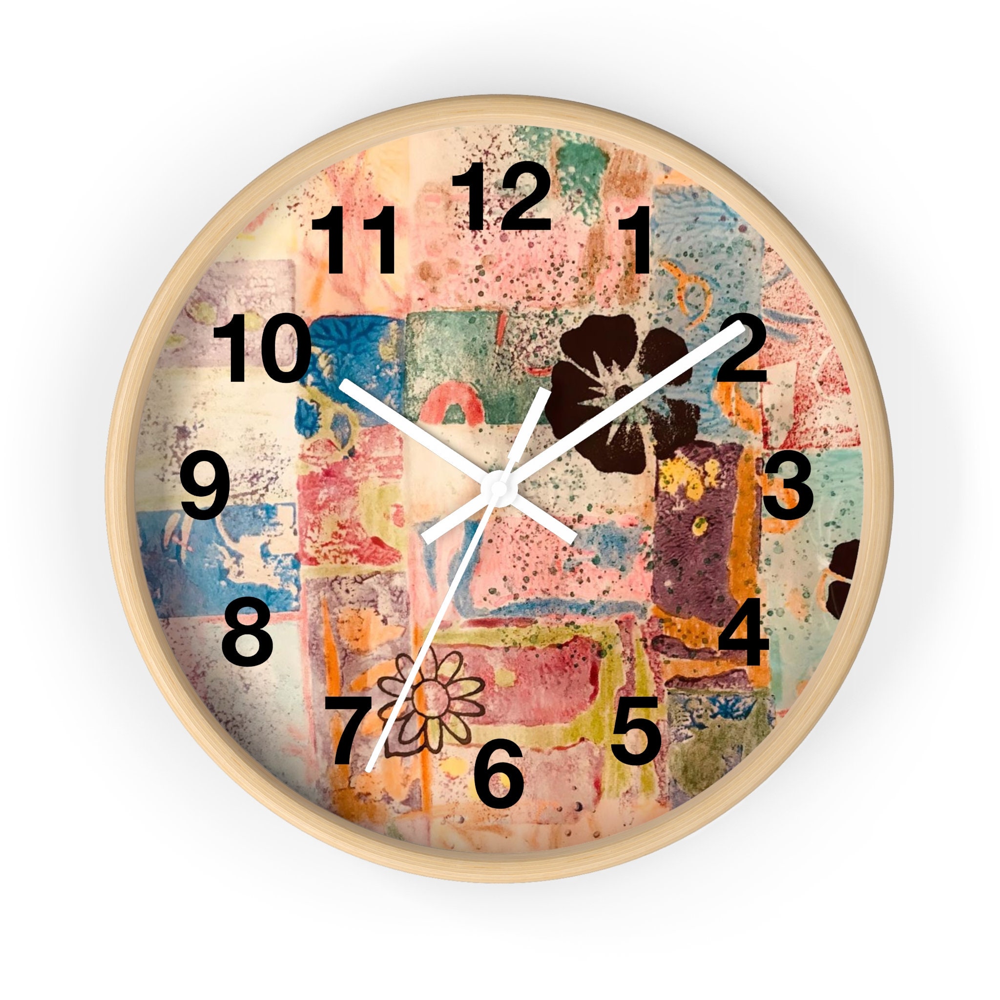 Round Abstract Flowers Colorful Wall Clock, Retro Floral, Timepiece ...