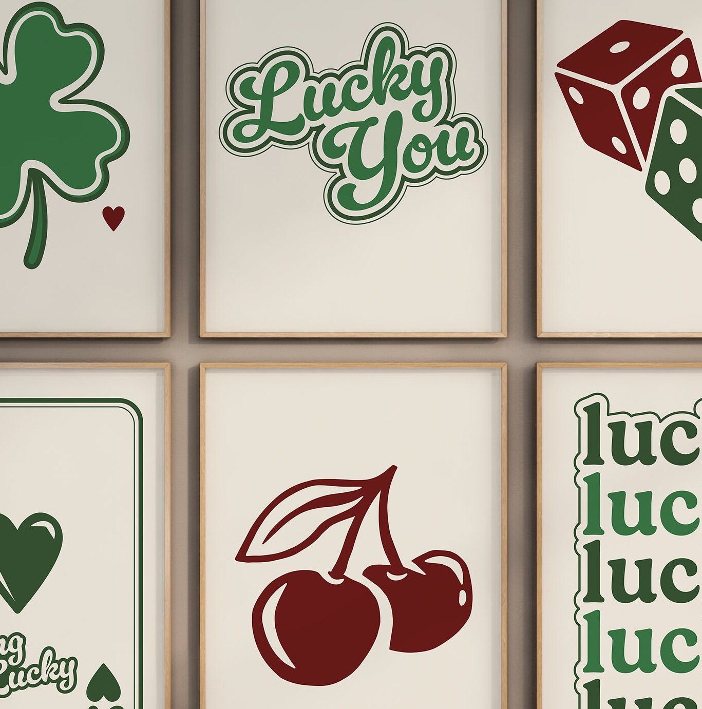 Green Lucky You Retro Wall Art Aesthetic Print Set of 6, Trendy Green ...