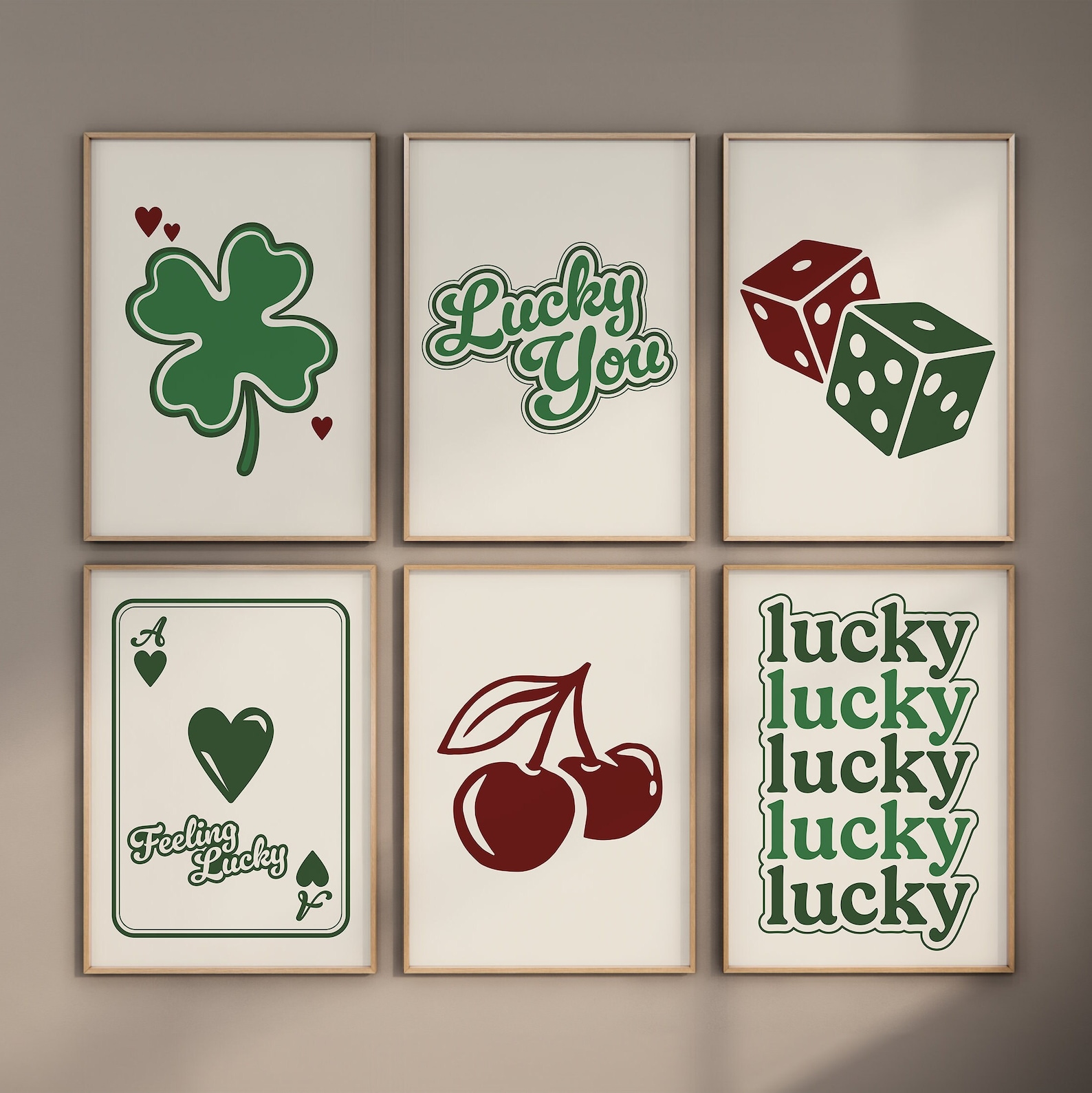 Green Lucky You Retro Wall Art Aesthetic Print Set of 6, Trendy Green ...