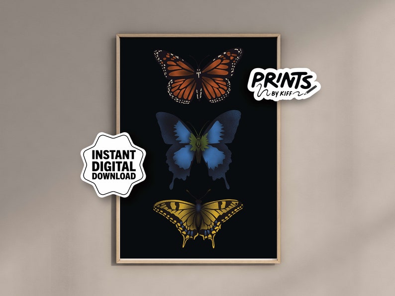 Butterfly Wall Art Print | Black Background, Insect Decor (digital ...