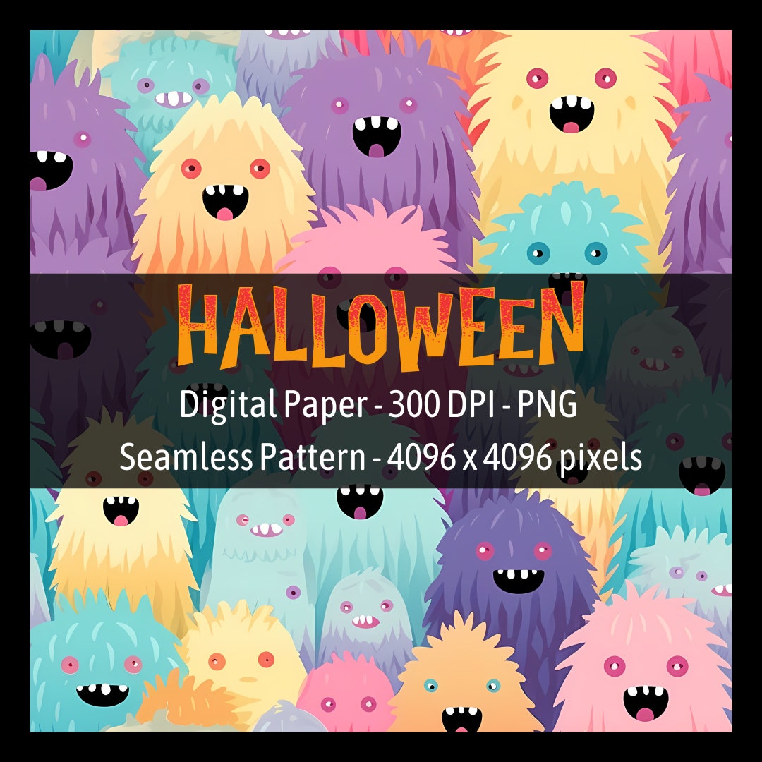 Halloween Pastel Monsters Crowd Digital Paper Seamless Pattern Spooky ...