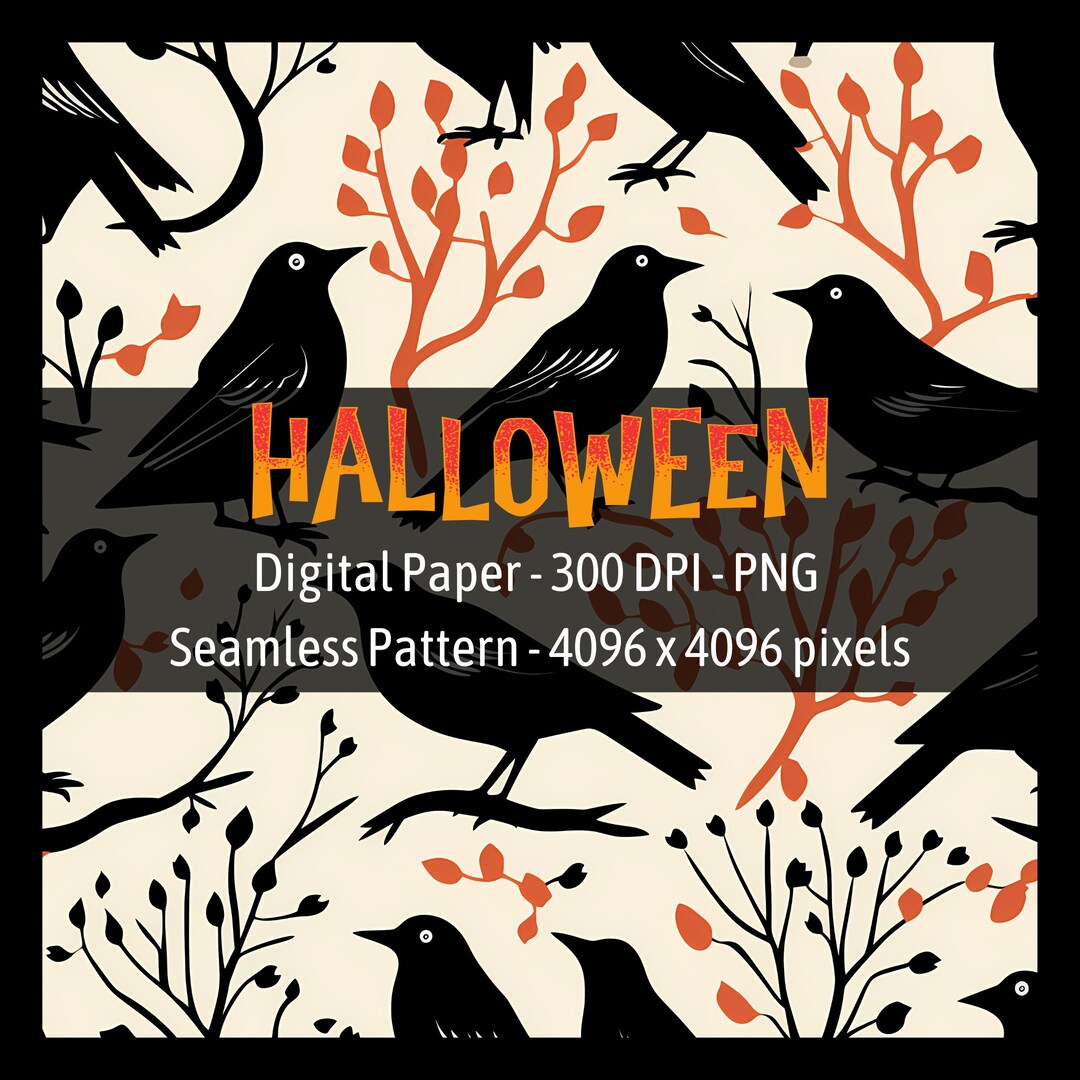 Halloween Boho Raven Fall Digital Paper Seamless Pattern Spooky ...